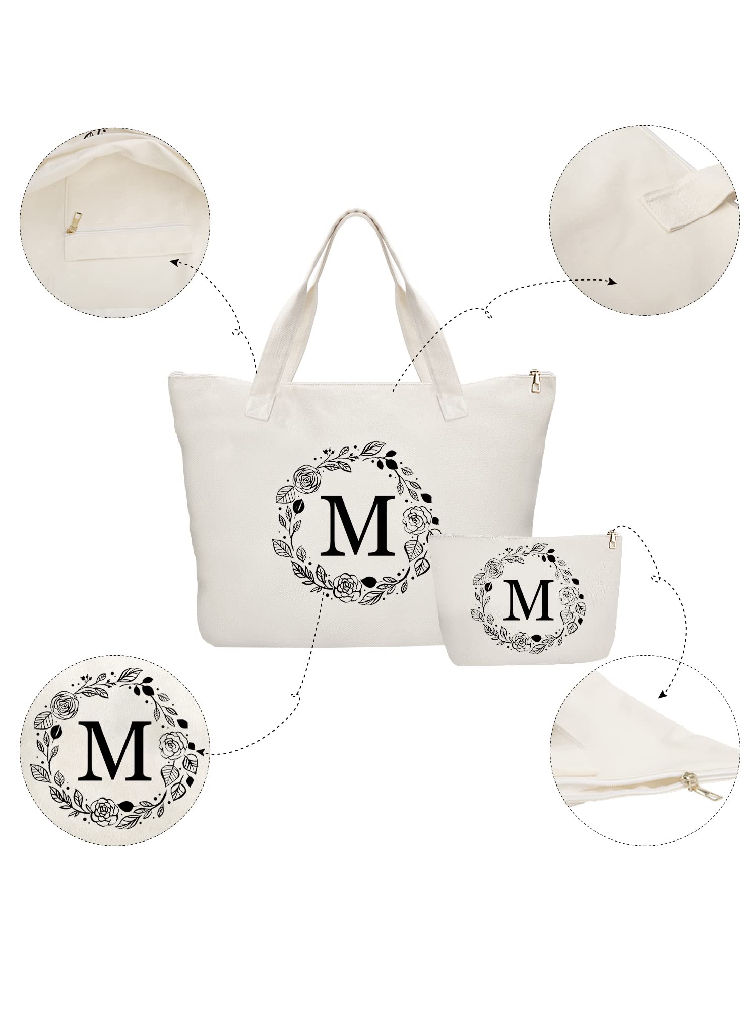 Binggemen Personalized Initial Canvas Tote Bag with Zipper, Present Bag with Inner Pocket & Make Up Bag, Great Gifts for Women, Mom, Teachers, Friends, Bridesmaids