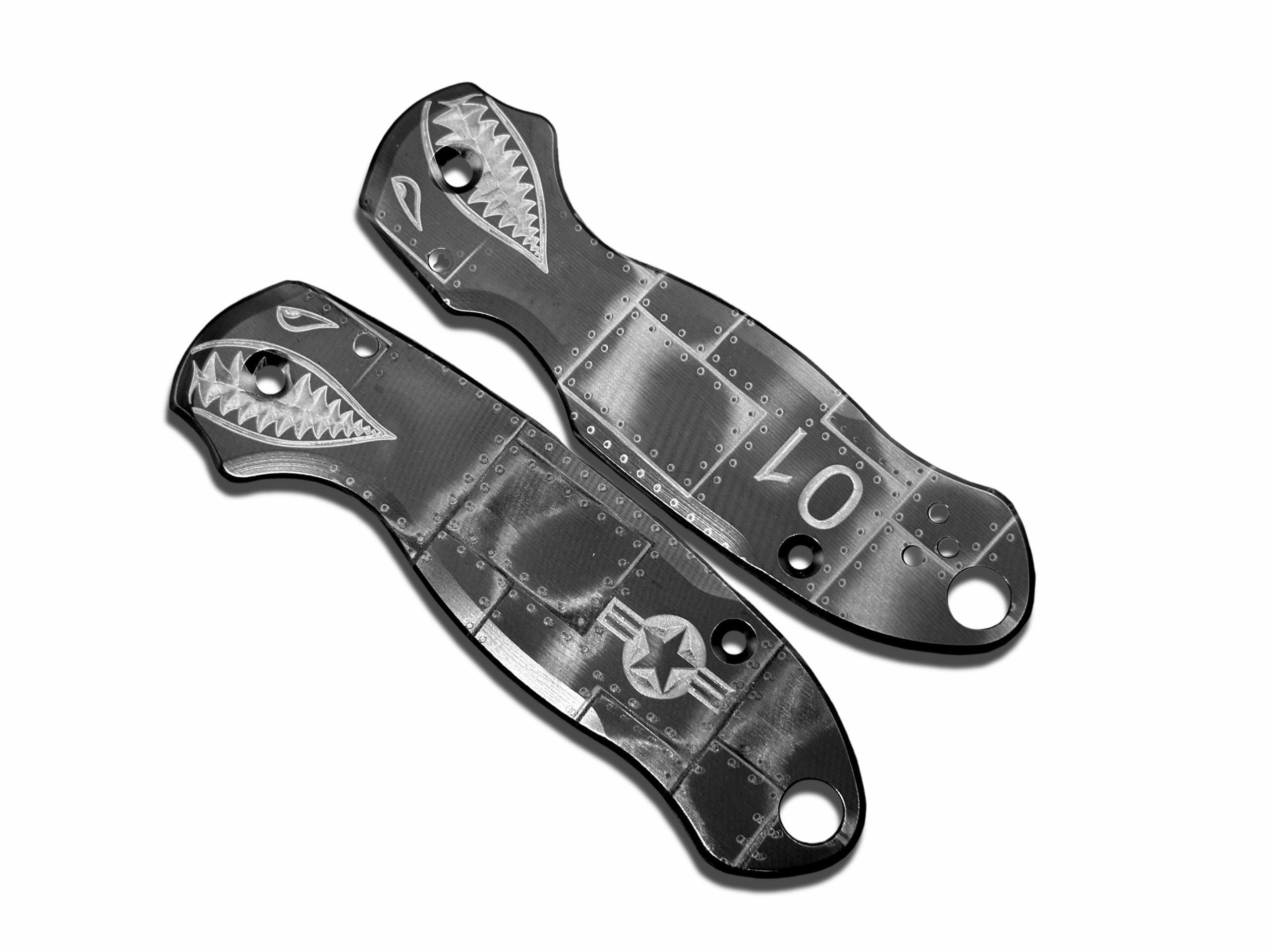 Black P40 Riveted Airplane Engraved Titanium Scales for Spyderco para 3