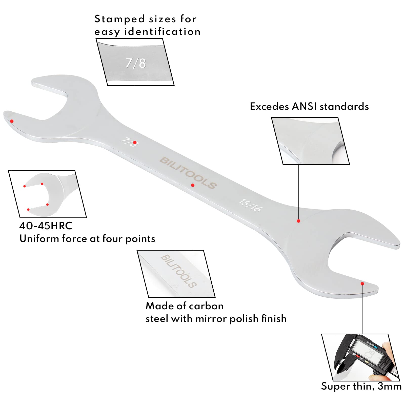 BILITOOLS Super Thin Open End Wrench Set, 9 Piece SAE 1/4 to 1-1/16 inch, CR-V Steel, HRC 40-45