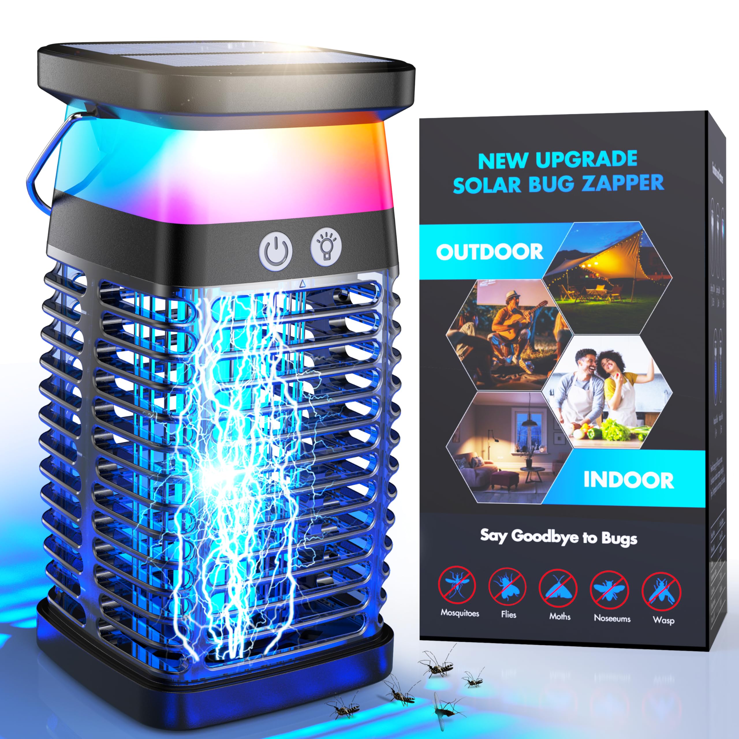 Bug Zapper Outdoor Indoor Mosquito Zapper Solar Fly Zapper Rechargeable Electric IP70 Waterproof Plug in with RGB Light & Reading Lamp for Patio Camping Home Backyard