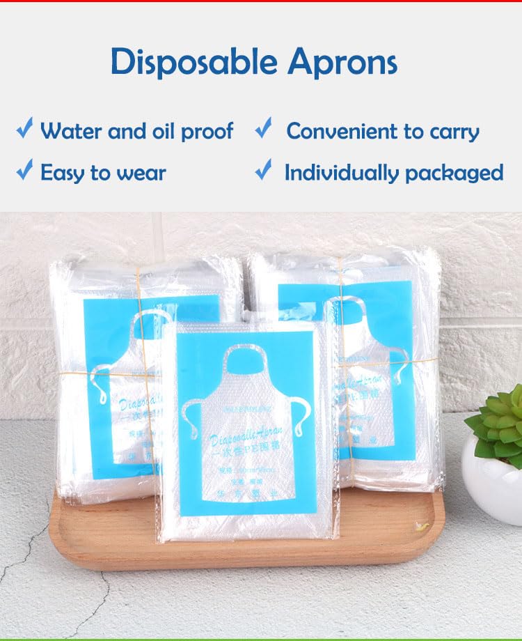 Bluelark Disposable Aprons (50 Count) Waterproof Plastic Apron For Painting, Cooking, Housework, and Picnics - Individually Packaged