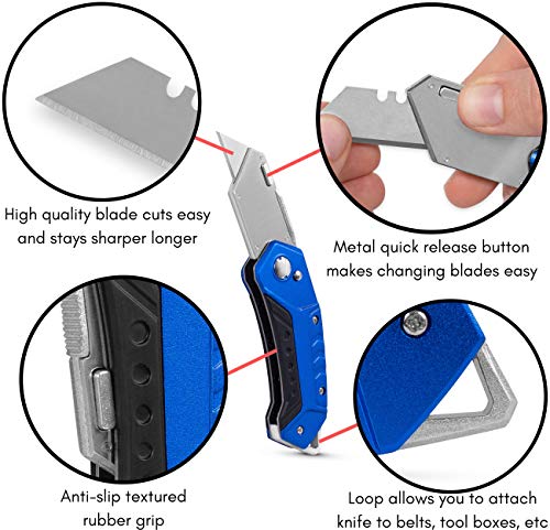 BirdRock Home Premium Folding Utility Knife – Small Compact Pocket – Folding Box Cutter Tool – 3 Extra Razor Blades – Cut Cardboard Boxes – Locking Safety Knife Set – Heavy Duty Aluminum Body