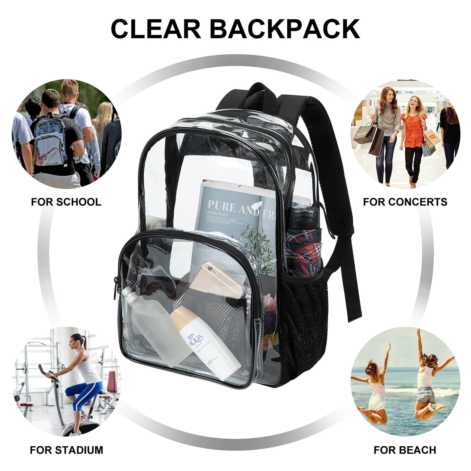 BORMELUN 2Pack Clear Bookbags See Through Backpack Heavy-duty Transparent Plastic Daypack Waterproof for Boys and Girls Concert Stadium approved 16.6x12.2x6 inches