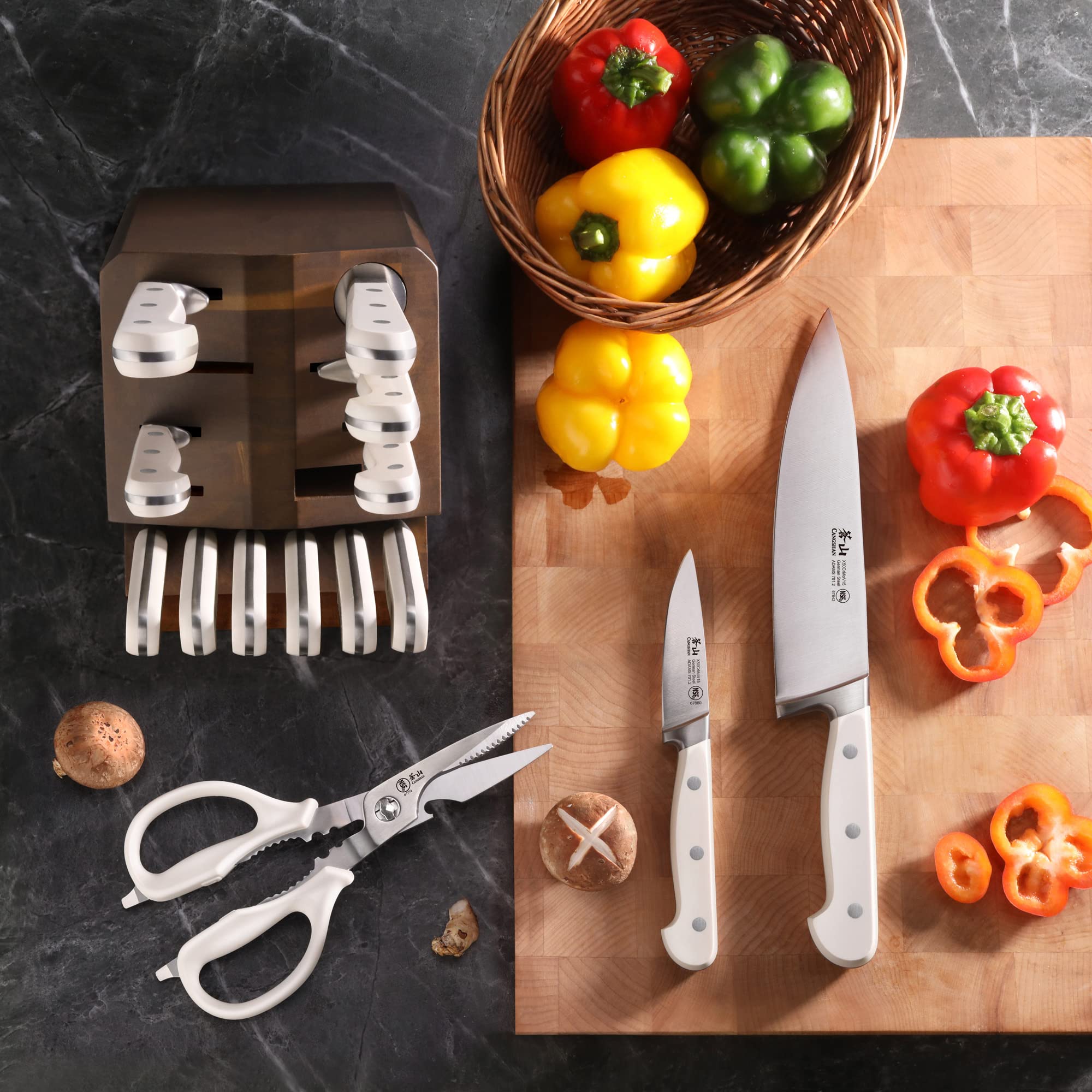 Cangshan Adams Series 1027273 German Steel Forged 15-Piece Knife Block Set, White