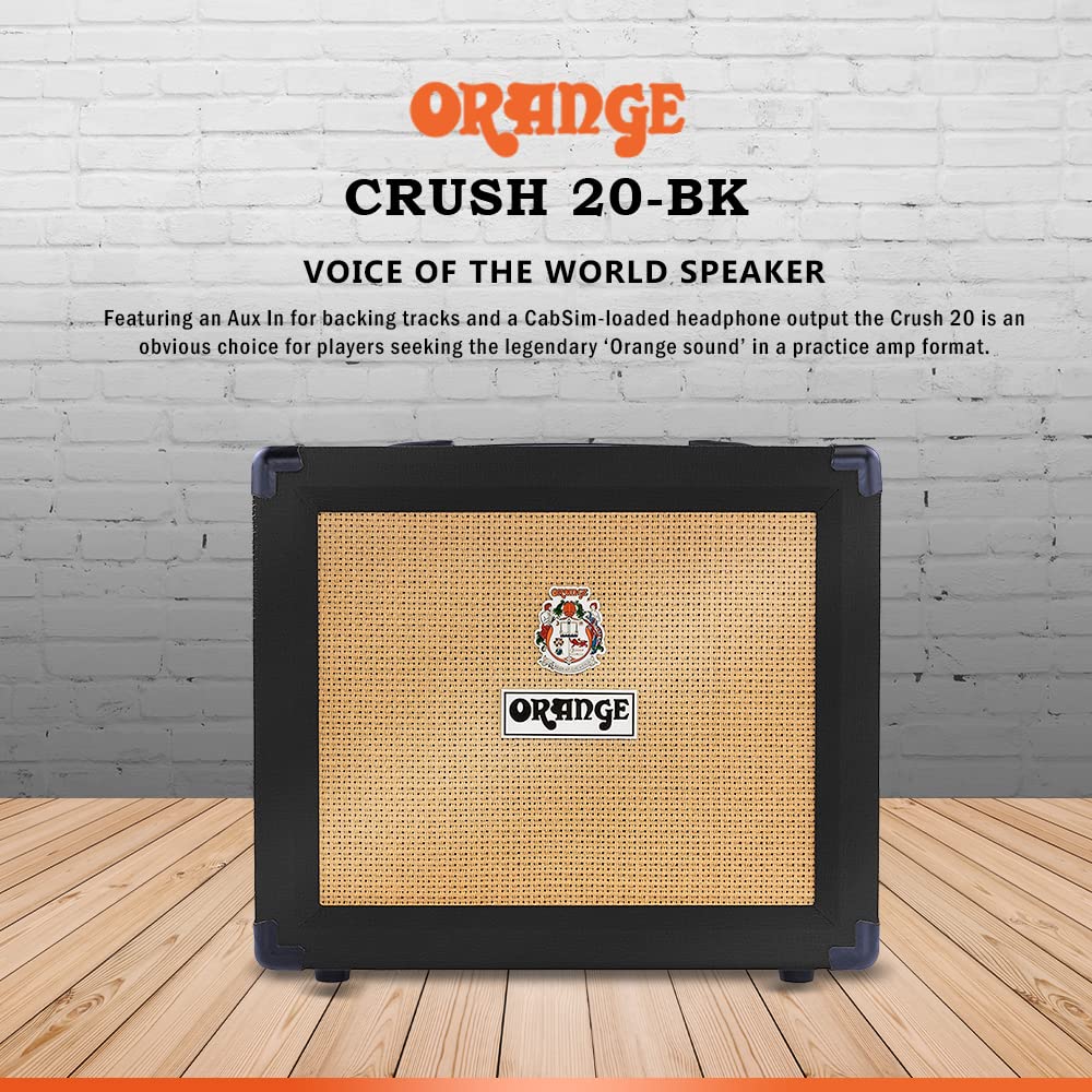 Orange Crush 20 (Black) Guitar Amplifier, Twin-Channel 20W Amp (CRUSH20) High gain preamp Design, CabSim Loaded Headphone Output + Bundle Xpix Cables, Guitar Picks, & FiberTique Cloth