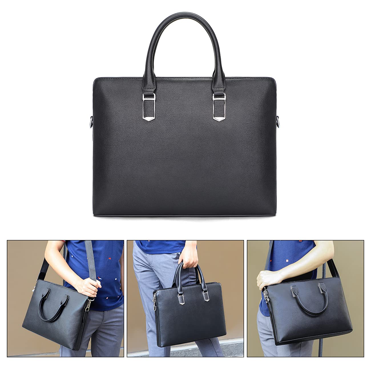 Augus Leather Briefcase Messenger Laptop Bag for Men Women 14 inch Water Resistant Anti Theft Durable for Work Travel (Black)