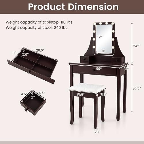 CHARMAID Makeup Vanity Desk with Lighted Mirror, 3 Color Lighting Modes, Adjustable Brightness, 3 Drawers, Removable Dividers, Bedroom Dressing Table Vanity Set with Stool for Girls Gift (Espresso)