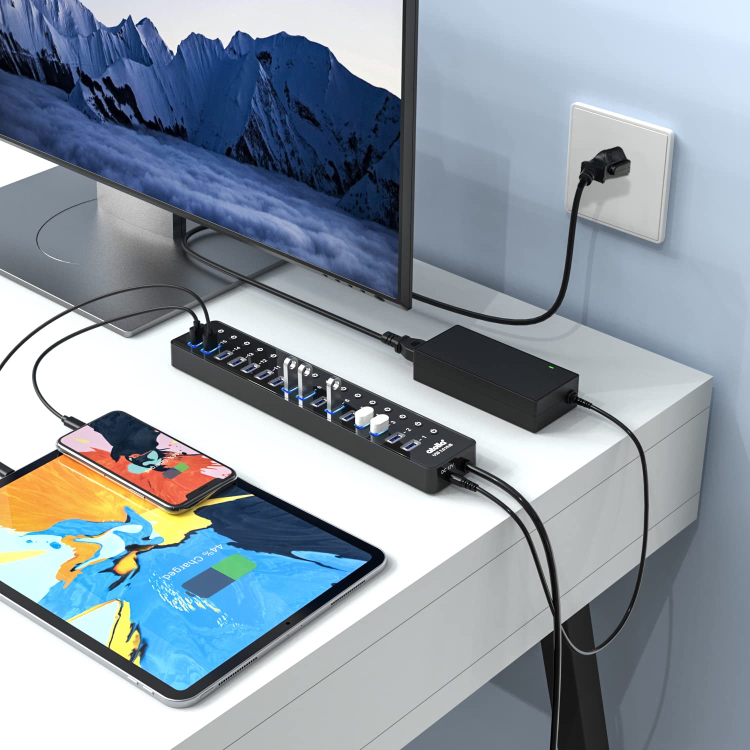 atolla USB Hub 3.0 Powered, 16 Ports USB Data Hub Splitter with Individual ON/Off Switches and 12V/6A Power Adapter, 5Gbps High Speed, USB Extension for Laptop, PC, Mobile HDD, Flash Drive