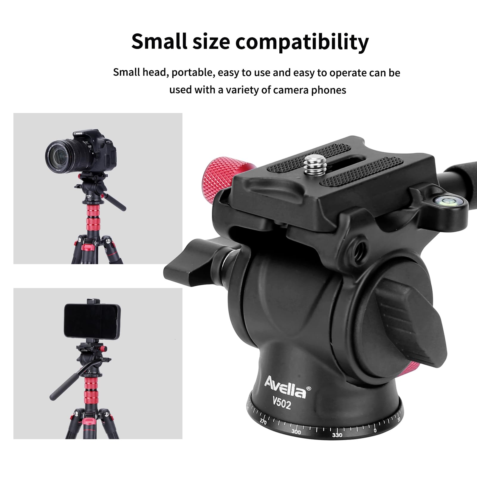 Avella Tripod Fluid Head Pan Tilt Head with Arca Type Quick Release Plate and Handle, Metal Panorama Head with Scaled Base for Compact Video Camera DSLR Camera, Load up to 6.6lb, V502