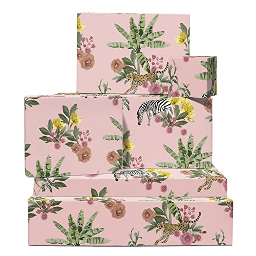 CENTRAL 23 Floral Wrapping Paper - 6 Sheets Pink Gift Wrap With Tags - Jungle Tropical Flowers - For Birthday Wedding Anniversary Wrap - Recyclable