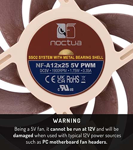 Noctua NF-A12x25 5V PWM, Premium Quiet Fan with USB Power Adaptor Cable, 4-Pin, 5V Version (120mm, Brown)