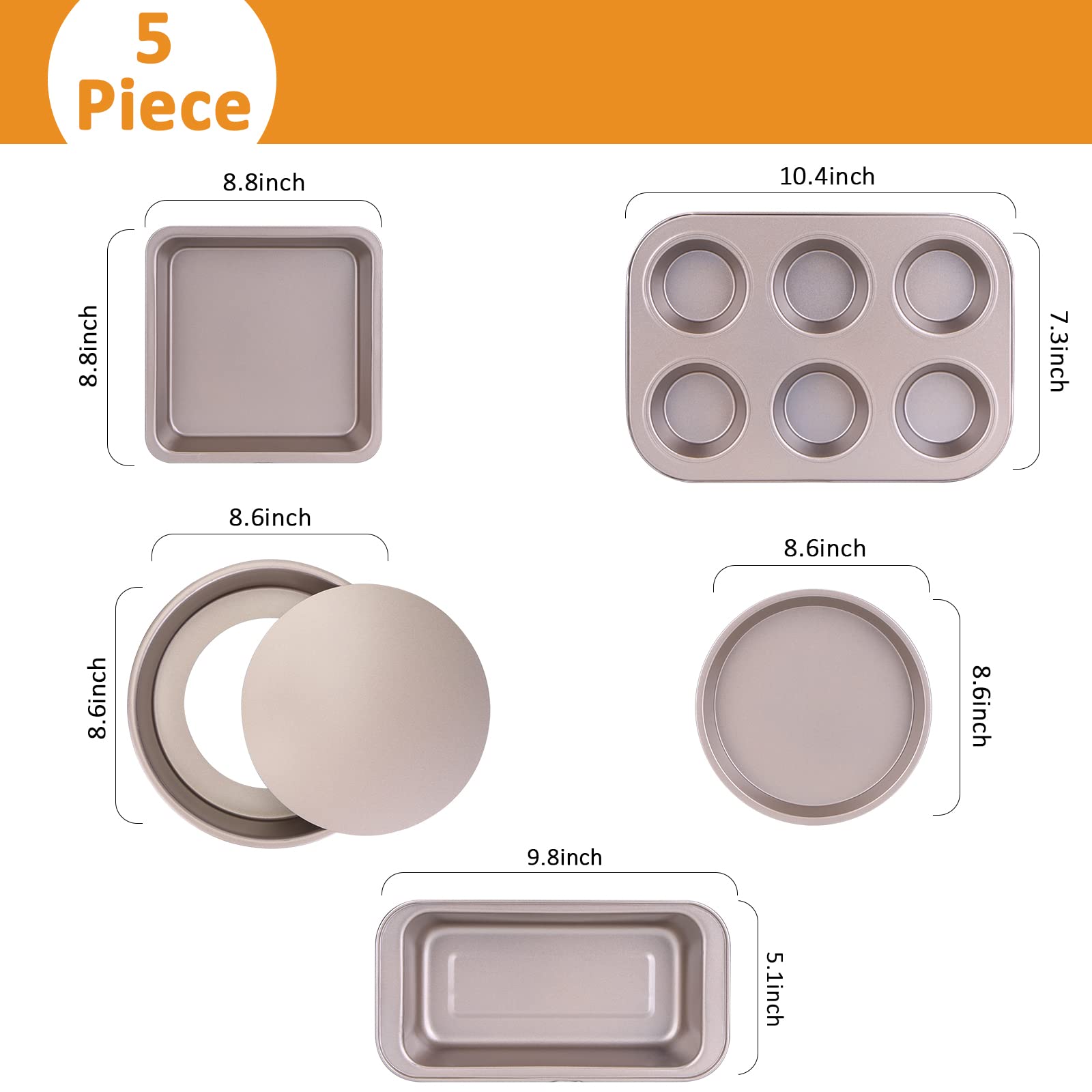 Bakeware Sets, 5-Piece Nonstick Bakeware Set,cake pans set with Cookie Sheets, Bakeware fits for Nonstick Bread Baking Cookie Sheet and Cake Pans