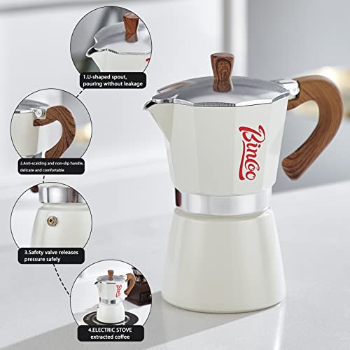 Bincoo 300ML Moka Pot Espresso Maker,Aluminum Moka Pot 6 Espresso Cups,Stovetop Italian Coffee Maker for Mocha Cappuccinos,Lattes(Off-white)