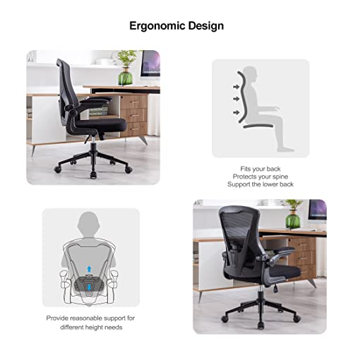 BRTHORY Office Chair Height-Adjustable Ergonomic Desk Chair with Lumbar Support, Breathable Mesh Computer Chair High Back Swivel Task Chair with Flip-up Armrests - Black