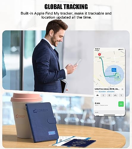 Coredy Passport Holder and Bluetooth Tracker Combo, Travel Must Haves Passport Cover Finder, Works with Apple Find My (iOS Only), RFID Blocking, Slim Travel Accessories Passport Wallet, Blue