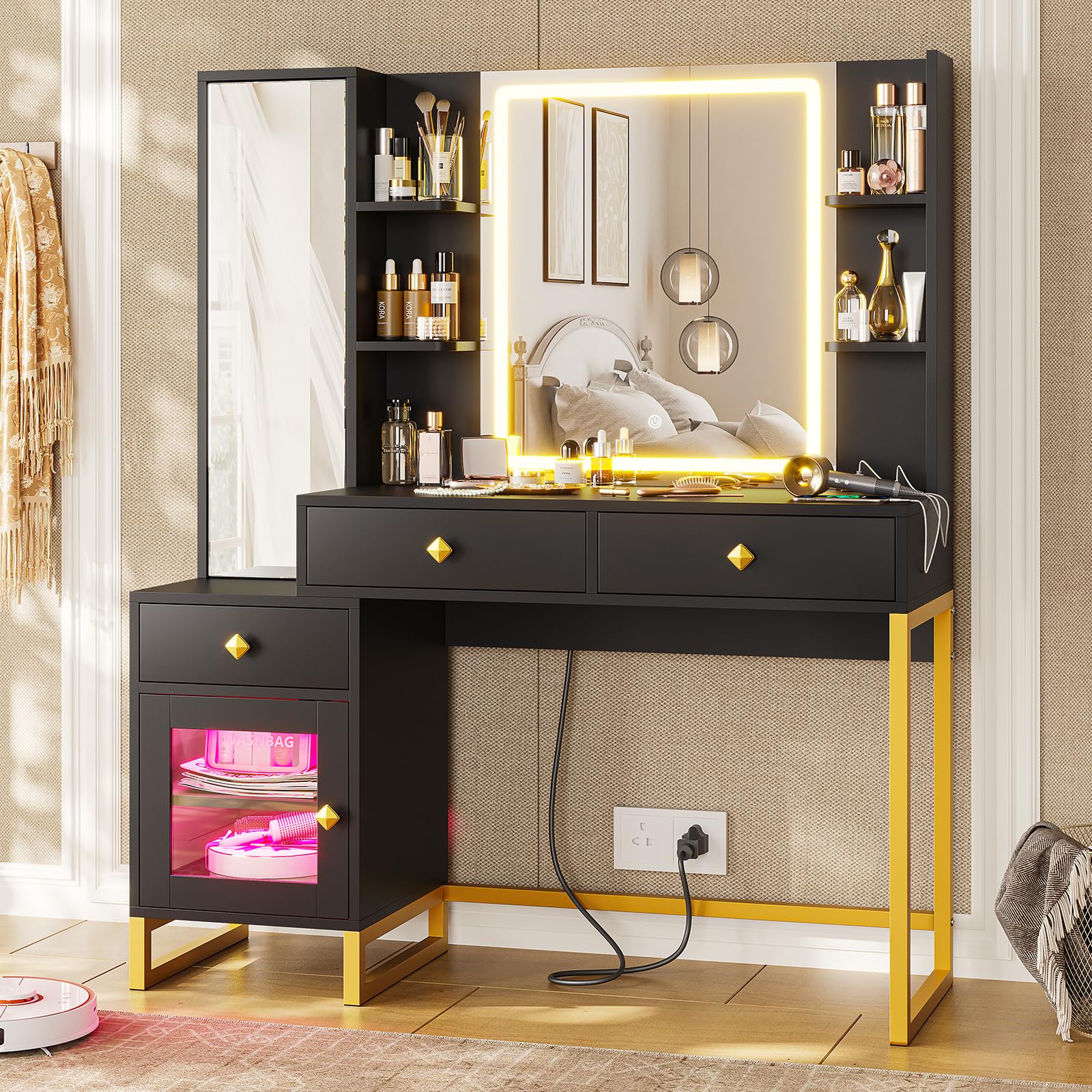 BTHFST Vanity Desk with Lighted Mirror & Jewelry Storage, Makeup Vanity with Lights & Charging Station & Full Length Mirror, Vanity Table with Drawers & Shelves & RGB Cabinet, White and Gold