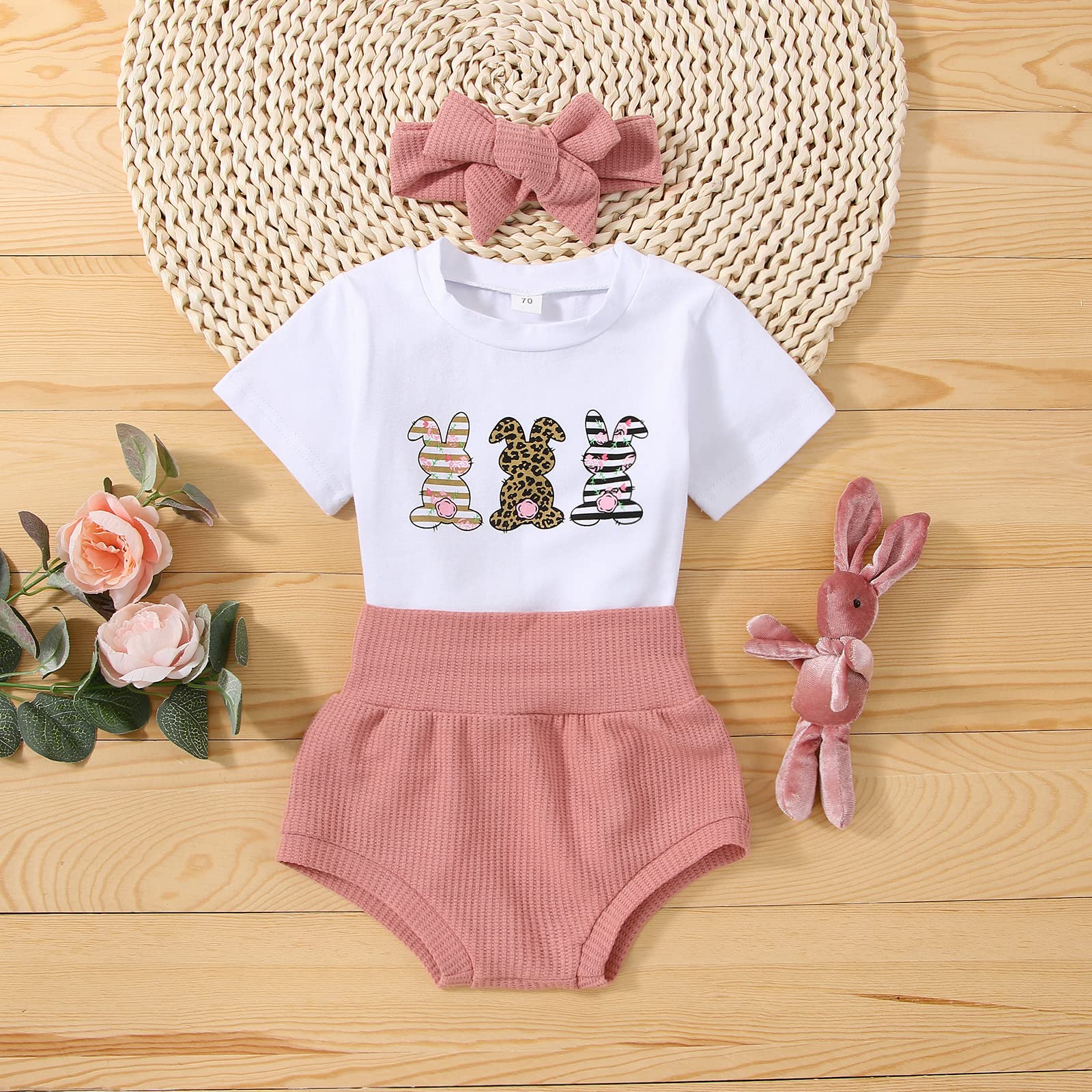 Fernvia Infant Baby Girls Easter Outfits Short Sleeve Rabbit Print Romper Elastic Waist Shorts with Hairband 3Pcs Clothes Set (A Pink, 6-12 Months)