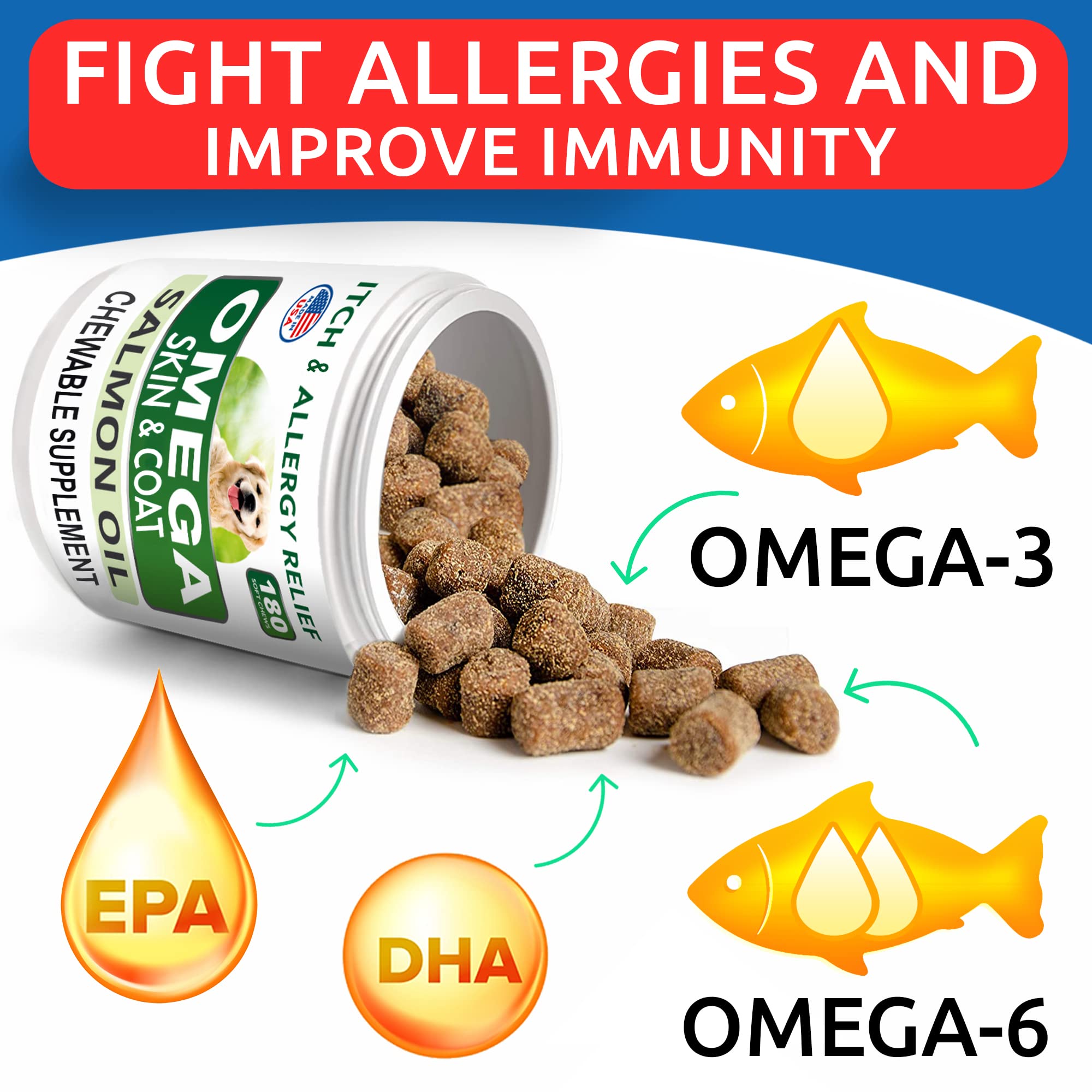 Dog Probiotics Chews + Omega 3 for Dogs Bundle - Gas, Diarrhea, Constipation, Upset Stomach Relief + Allergy and Itch Relief - Digestive Enzymes + Prebiotics + Omega 3 - Skin and Coat Support