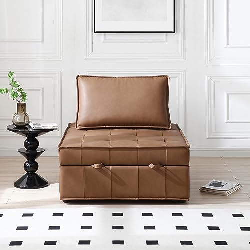 Bellemave 3 in 1 Pulling Out Ottoman Sofa Bed,Multipurpose Faux Leather Folding Ottoman Sleeper Couch Lounger,Convertible Adjustable Sleeper Chair for Living Room Apartment Office(Brown PU)