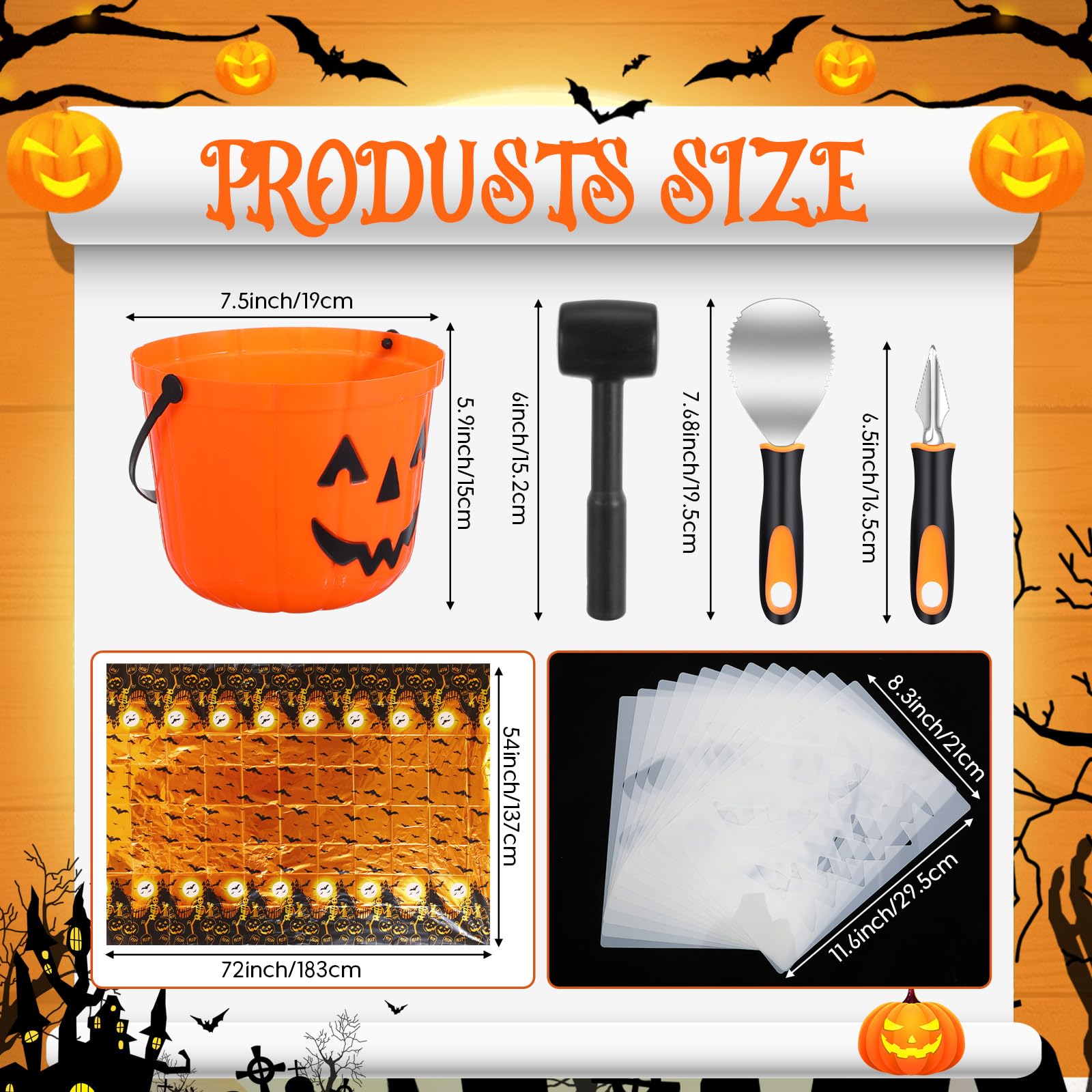 Blosssound 12 Sets Halloween Pumpkin Carving Kit Includes Professional Heavy Duty Carving Tools DIY Stencil Sheets Pumpkin Buckets Table Cover Hammers for Halloween Door Decorations Family Party