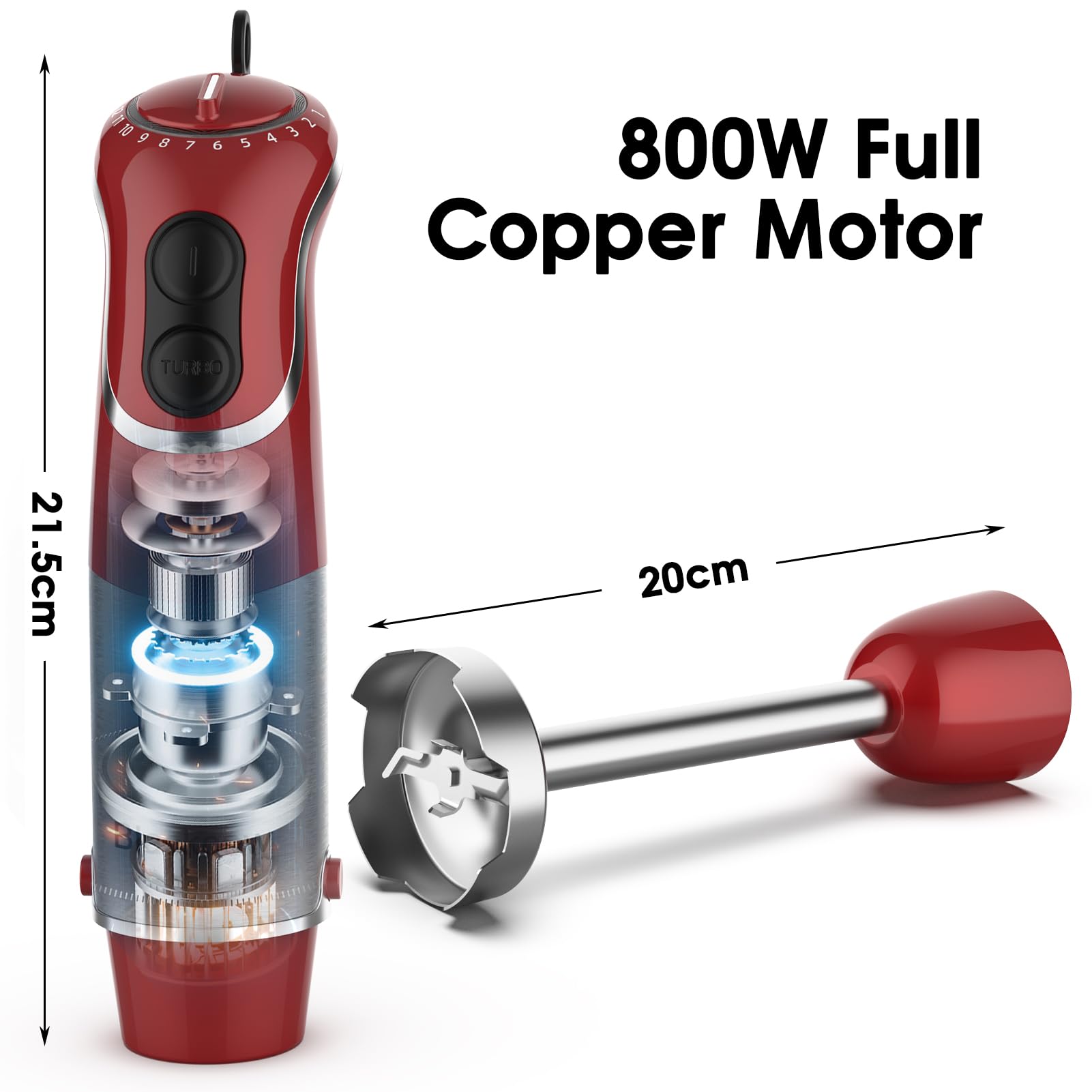 Blackcow Powerful Immersion Blender 3.0, BPA-Free, 800W Electric Hand Blender with 12-Speed&Turbo, Stick Blender for Soup, Smoothie, Puree, Detachable Base, 304 Stainless Steel 3D Blades, Red