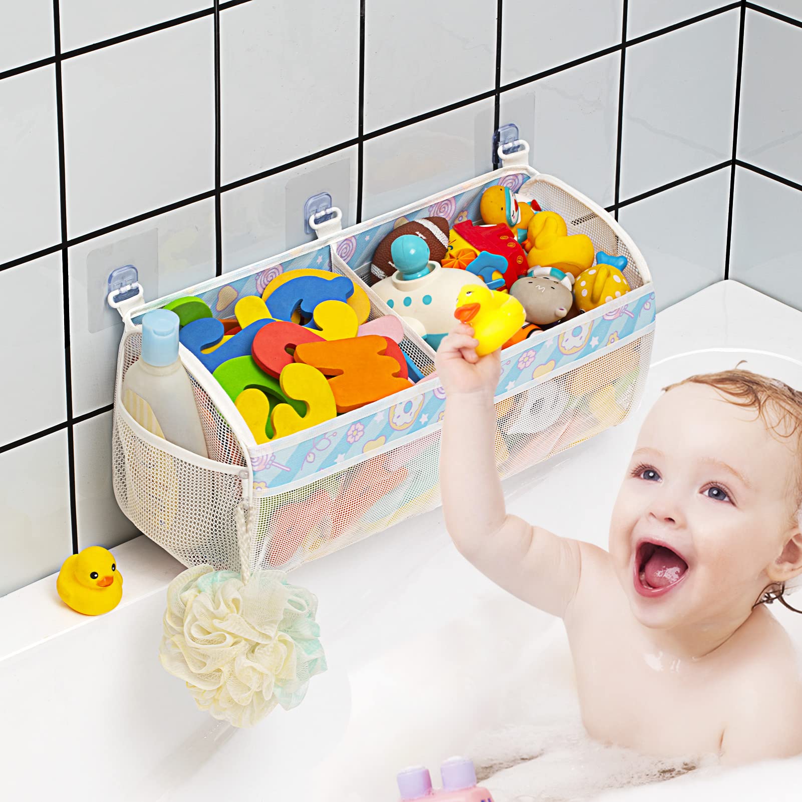 Austion Mesh Bath Toy Storage for Tub - Sorting Baby Toys Bath Tub Toy Holder - Extra Large Capacity Bath Toy Organizer with Large Openings, Quick-Drying and Breathable (Blue)