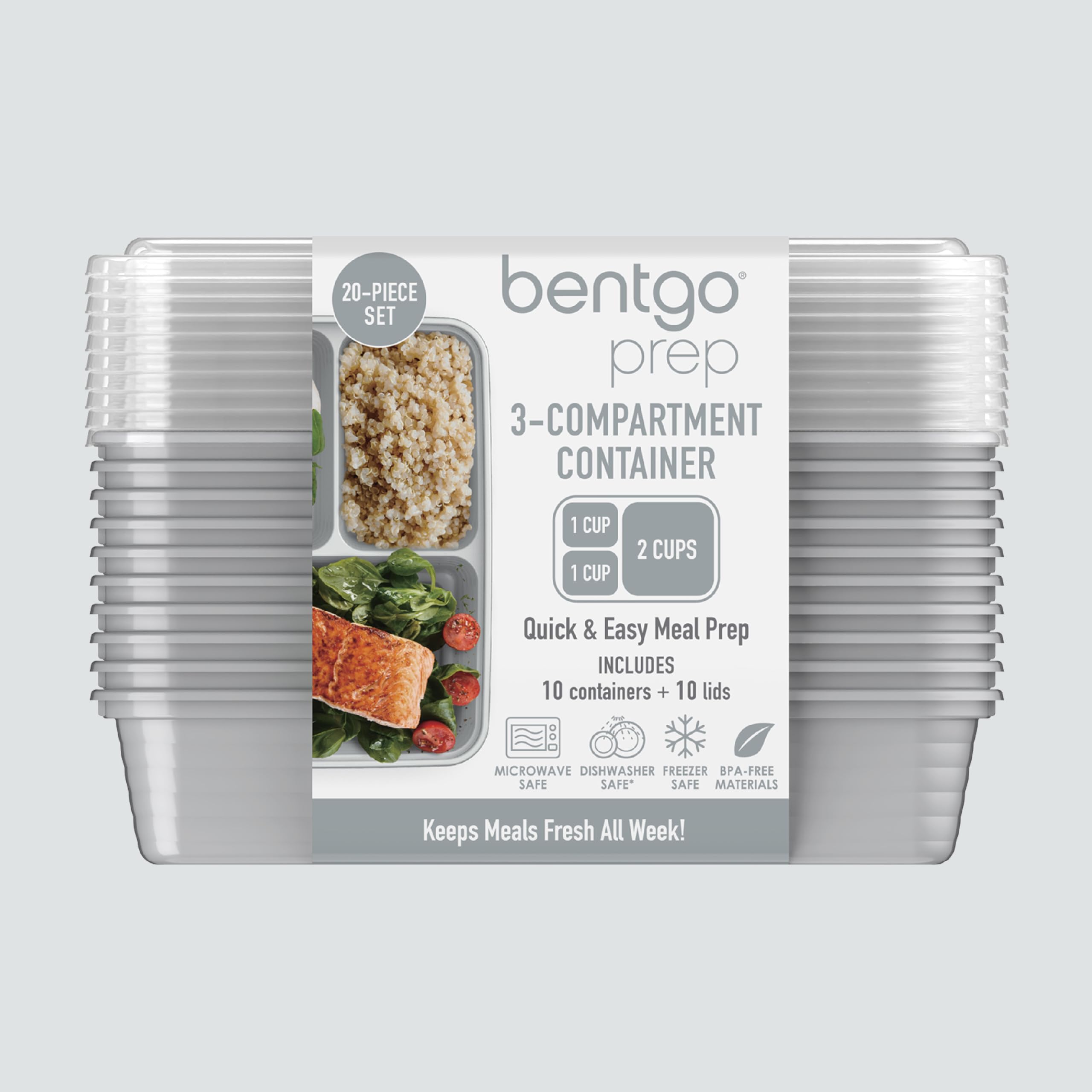 Bentgo® Prep 3-Compartment Containers - 20-Piece Meal Prep Kit with 10 Trays & 10 Custom-Fit Lids - Durable Microwave, Freezer, Dishwasher Safe Reusable BPA-Free Food Storage Containers (Silver)