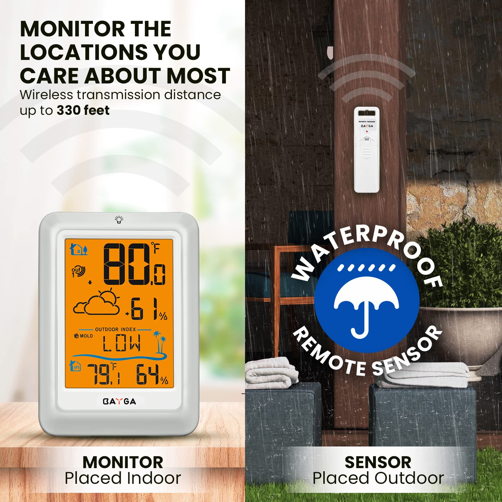 BAYGA Indoor Outdoor Thermometer Wireless Digital Hygrometer, High Precision Temperature Humidity Gauge Monitor with 330ft Range Remote Sensor, Backlight Room Thermometer with Outdoor Index