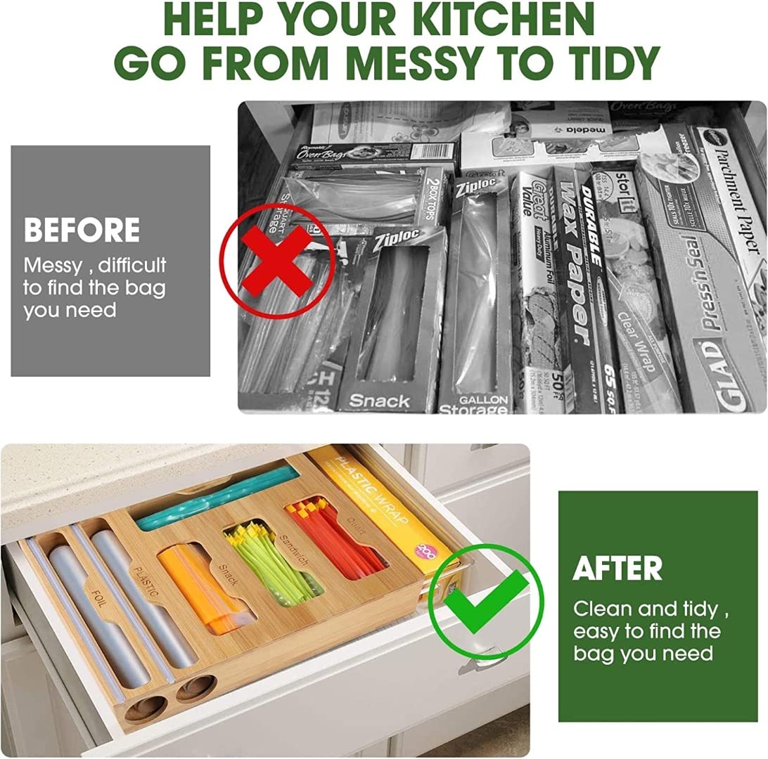 Bamboo Ziplock Bag Organizer - Foil and Plastic Wrap organizer with cutter - Holds up to 12” rolls - Baggie Organizer for Gallon, Quart, Sandwich, Snack Bags - Kitchen Organization - Drawer organizer