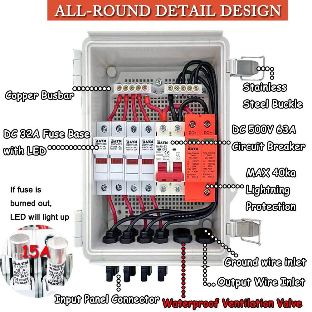 BAYM IP65 4 in 1 Out 15A 4 String Solar PV Array Plastic DC Combiner Box,4Pair Solar Connectors, Lightning Surge Protection, 63A 6ka MCB Lock Indicator,Waterproof Ventilation Valve