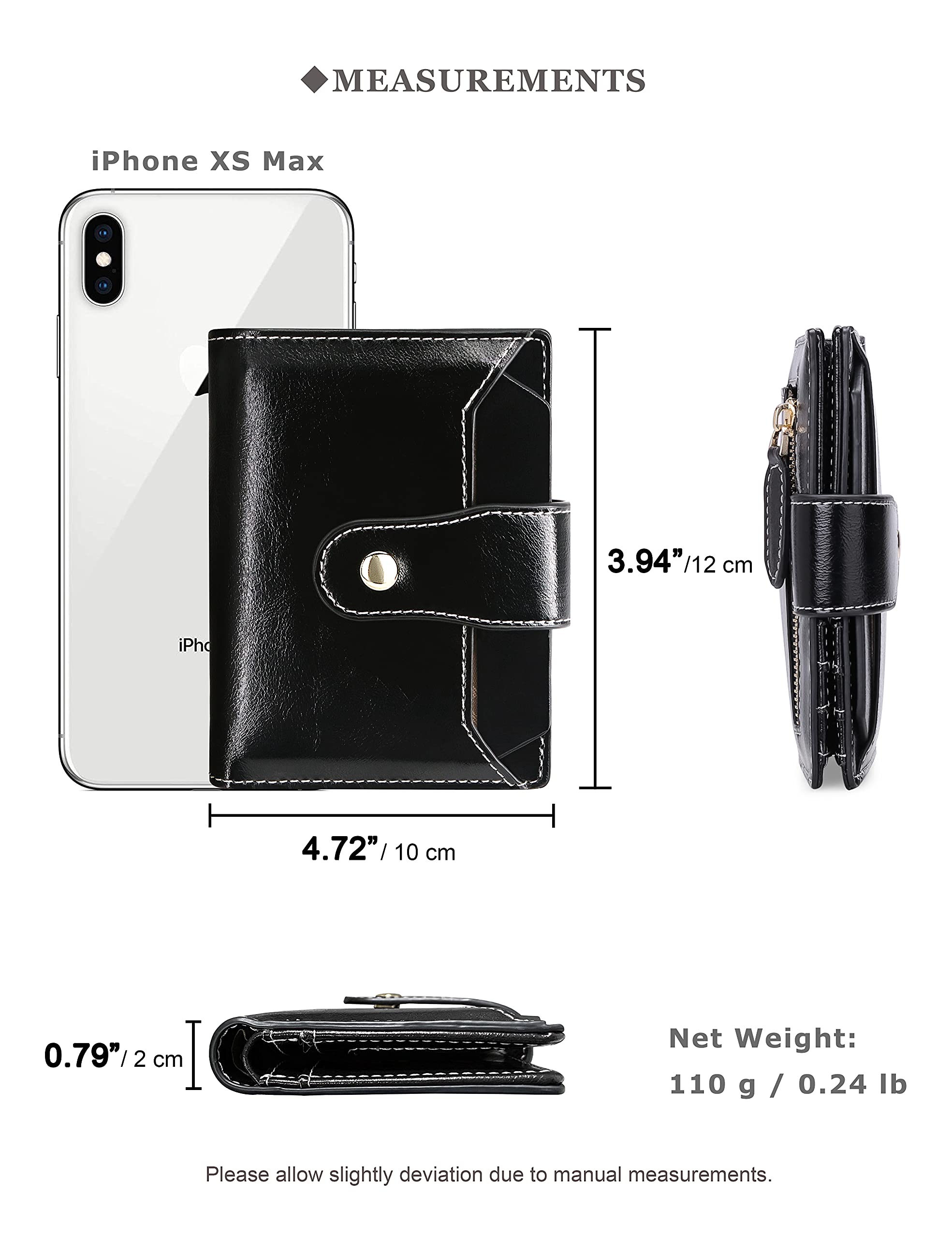 IamaCos Women Artificial Leather Wallets Compact Bifold Wallet RFID Blocking Card Holder Zipper Coin Purse 10 Card Slots 2 ID Windows Black