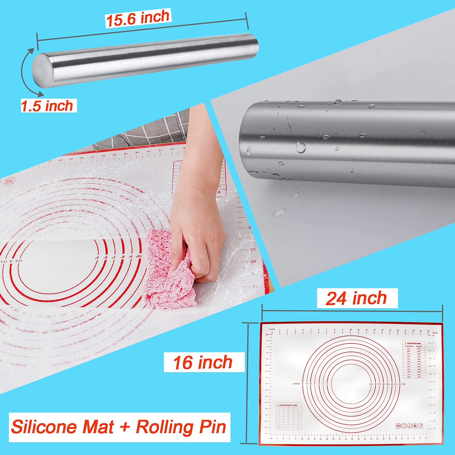 Baking Supplies - Silicone Spatulas Set, Rolling Pin, Pastry Mat, Silicone Baking Cups, Piping Bags and Tips, Measuring Cups and Spoons, Baking Set for Kids Teens Adult Beginner