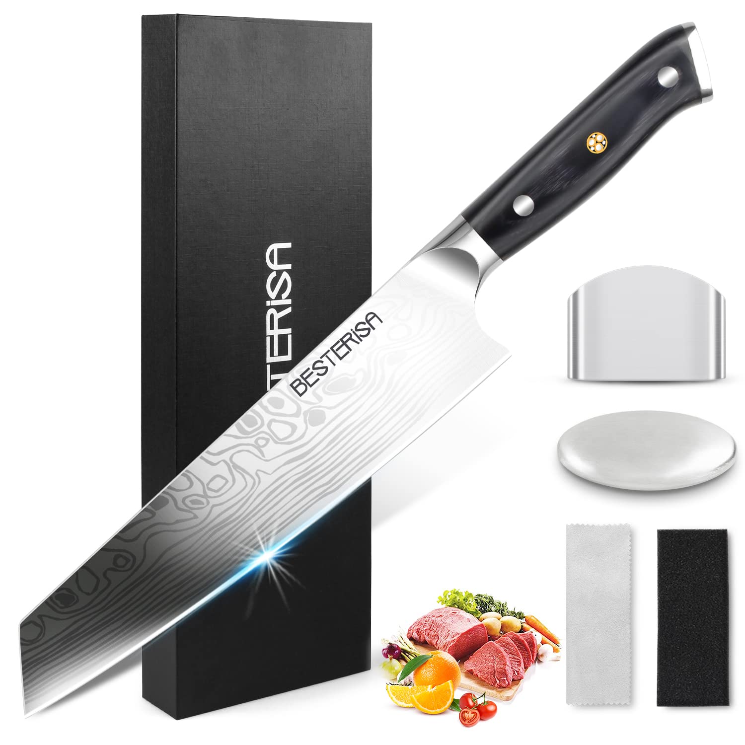 BESTERiSA Kiritsuke Chef Knife ,8 Inch Professional Chef Knife German Stainless Steel EN1.4116 Ultra Sharp Vegetable Meat Cleaver Knife with Knife Guard