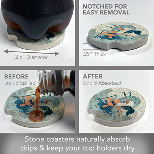 CounterArt Mermaid Island 1 Pack Absorbent Stone Coaster for Vehicle Cup Holder 2.6โ Diameter Manufactured in The USA