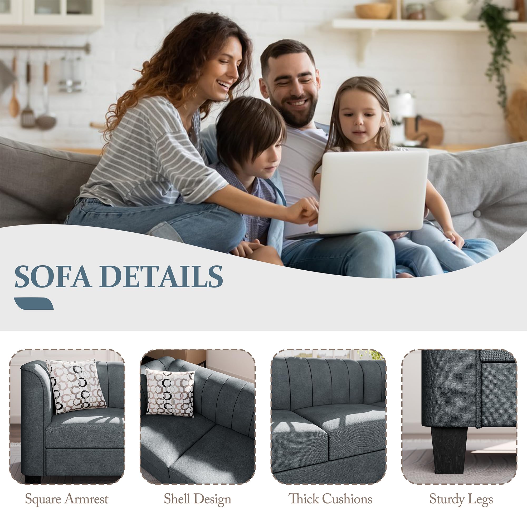 Meilocar 79” Sectional Sofa Couch, Convertible L Shaped Couch with Reversible Ottoman, Modern 3-Seat Sofa Sectional with High Armrest for Living Room, Office, Dark Grey