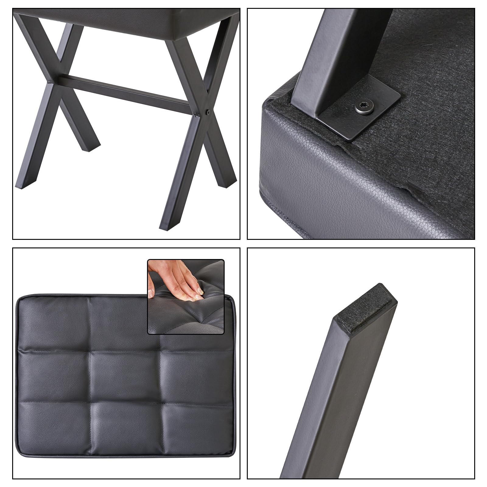 IBUYKE Square Makeup Stool with X-Leg Foot Rest, PU Footrest Stool, Ottoman Seat Vanity Stool, Multi-Use as Small Side Table, for Bedroom, Living Room, Black LG-71B