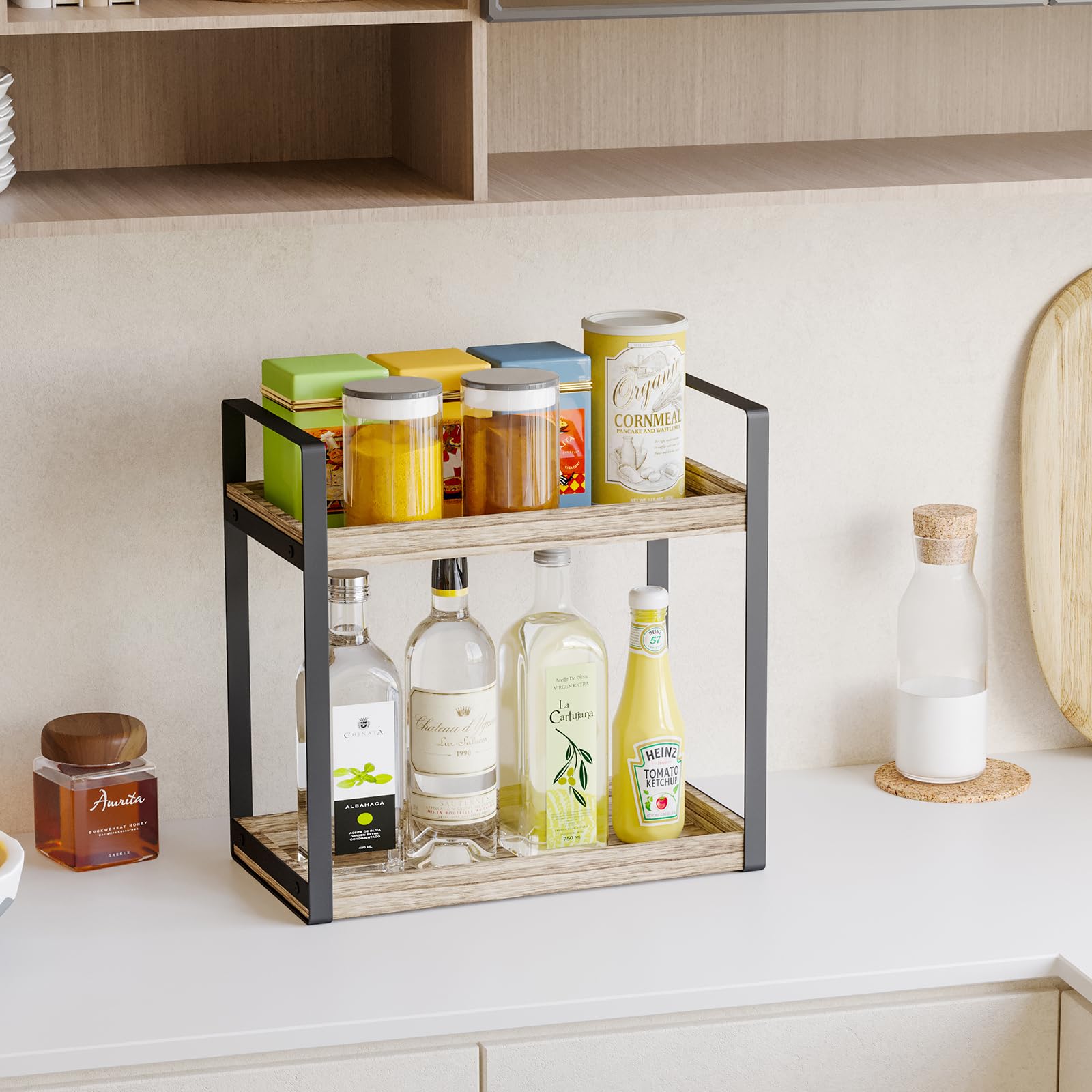 Fixwal Countertop Organizer for Bathroom, 2-Tier Wood Bathroom Counter Organizers Shelf Cosmetic Storage Standing Vanity Tray Kitchen Spice Rack, Light Brown