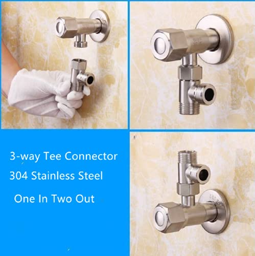 HOMCBEC Bathroom Angle Valve,3-Way Brushed Nickel G1/2 Inch T-adapter Valve with One Inlet and Two Outlets Shower Arm Diverter Valve for Bath Bidet Sprayer Toilet Shower Head
