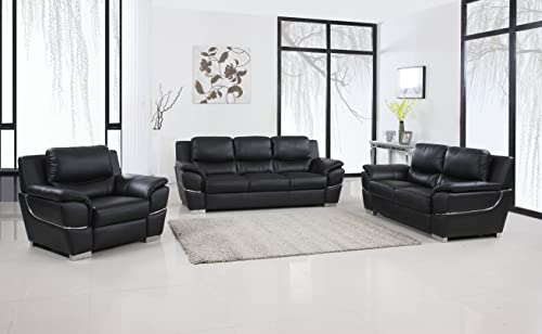 Blackjack Furniture Binion Modern Leather Loveseat for Living Room with Padded Headrests, Stainless Steel Legs & Accent Chrome Trim, Black