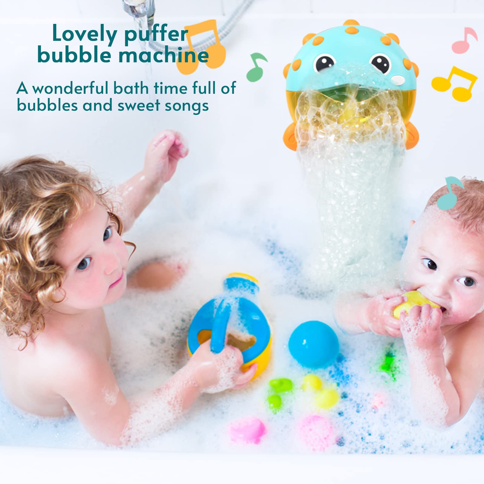 Bathtub Bubble Machine, Bath Bubble Maker Automatic Bath Toy for Baby Toddler Kids, Puffer Shape with Music, Bathroom Blowing Bubbles Funny Gift for Boys and Girls (Globefish Blue)