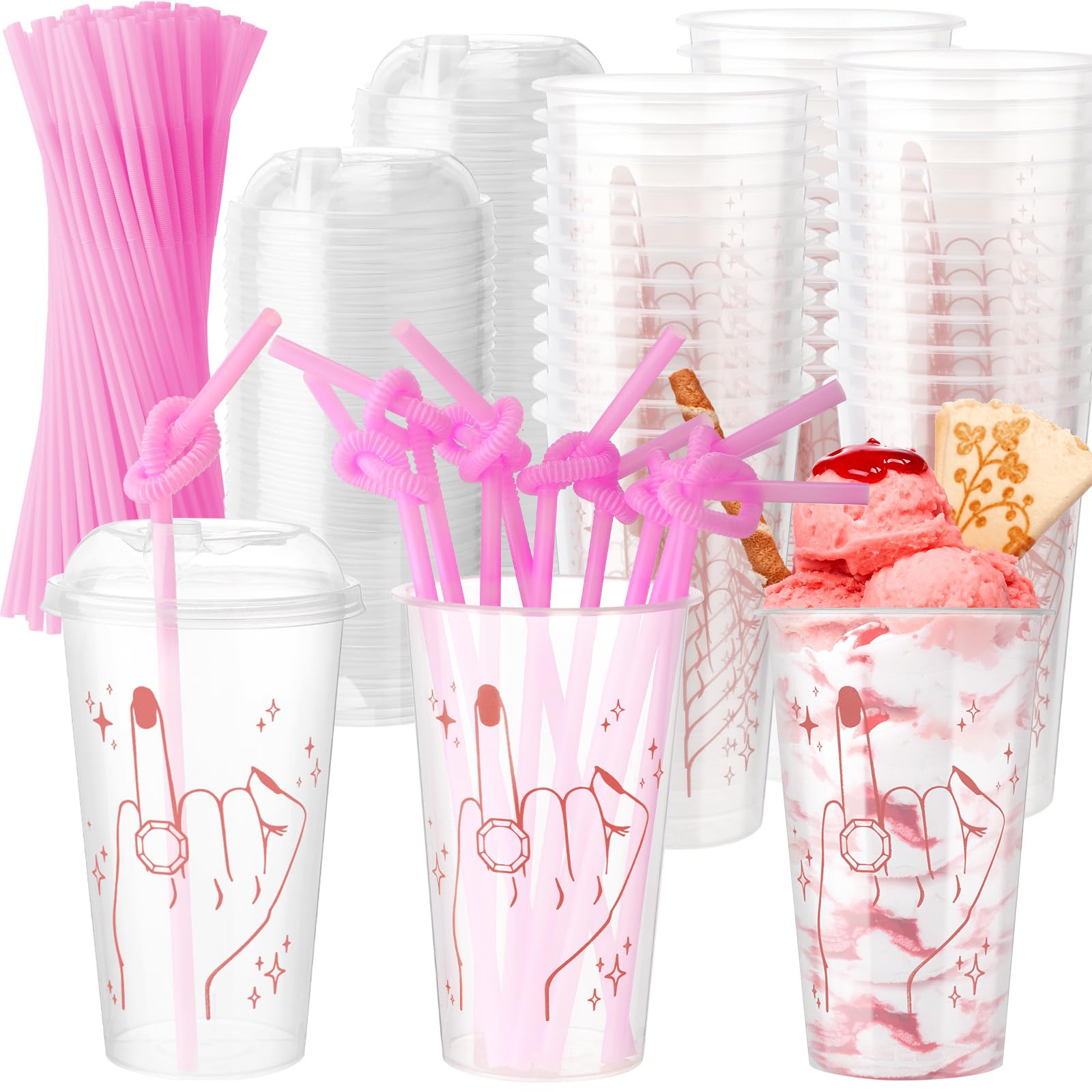 Vesici 48 Sets Bachelorette Party Cups 16 oz Bachelorette Party Decorations Rose Gold Ring Finger Reusable Cups Plastic Cups with 48 Lids 100 Straws for Bridal Shower Bridesmaid Party Gifts