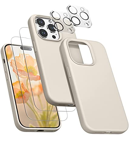 Cousper [5 in 1 Compatible with iPhone 14 Pro Max Case, with 2 Pack Screen Protector + 2 Pack Camera Lens Protector, Silicone Shock-Proof Phone Case [Anti-Scratch Microfiber Lining], White Stone