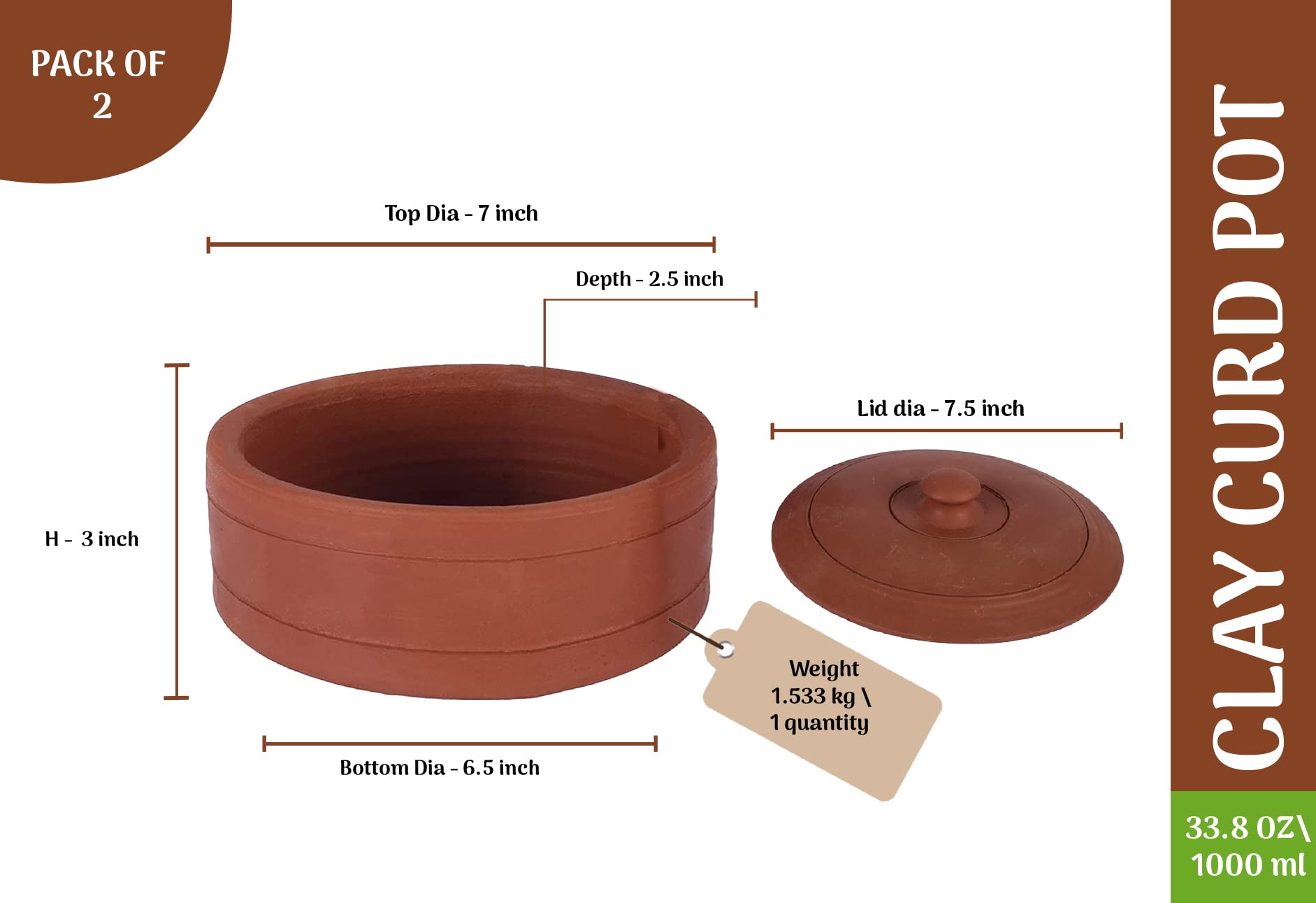 Village Decor handmade earthen clay natural yogurt maker/clay curd pot with lid (1000 ML / 34 OZ - 2 QTY)
