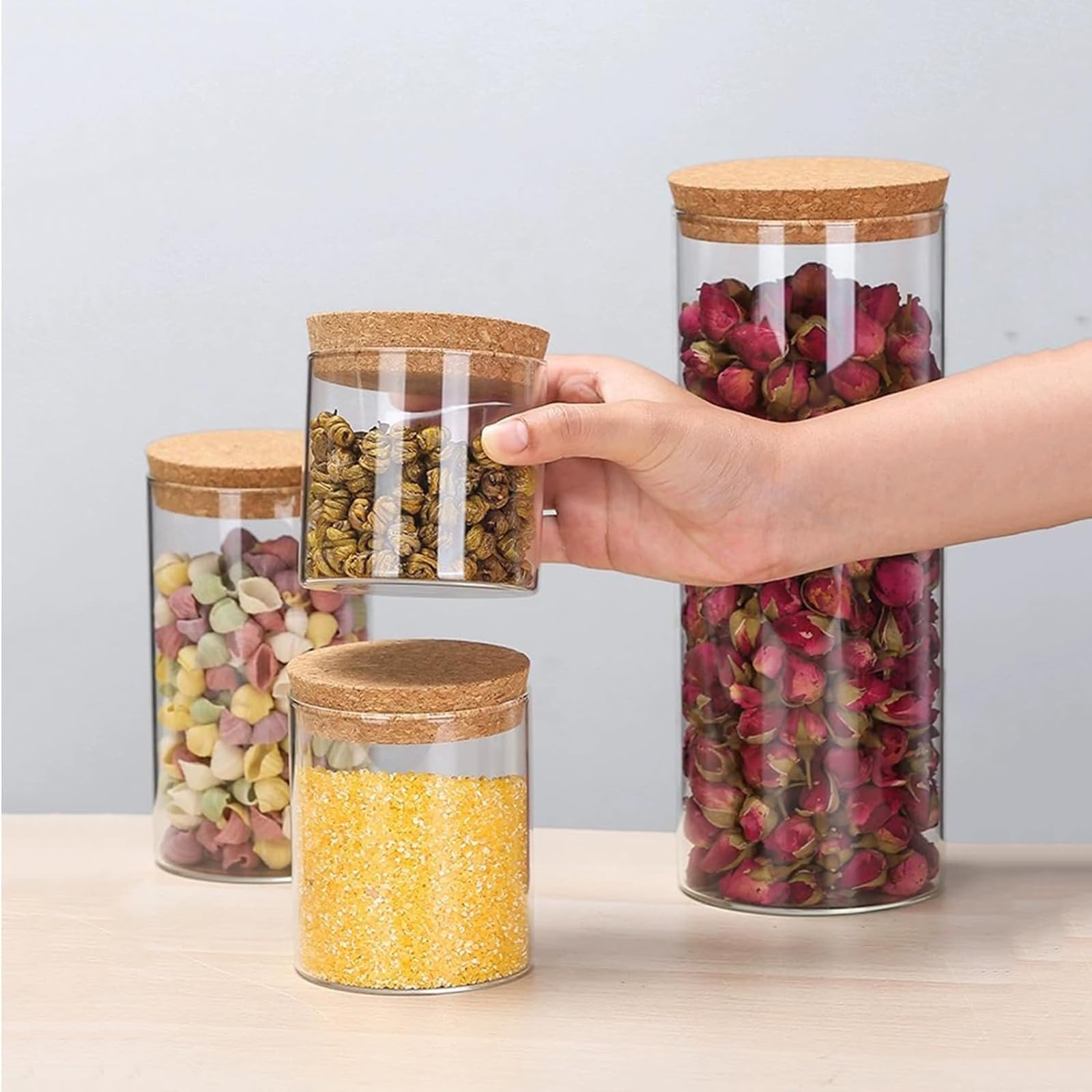 DNIENKGE Airtight Glass Storage Containers with cork Lid, for Kitchen Pantry Organization and Storage jar,Ideal for Coffee Beans Snacks Flour Cereal Sugar Tea 16oz. (Circular 3.9 * 3.3in*2pcs)