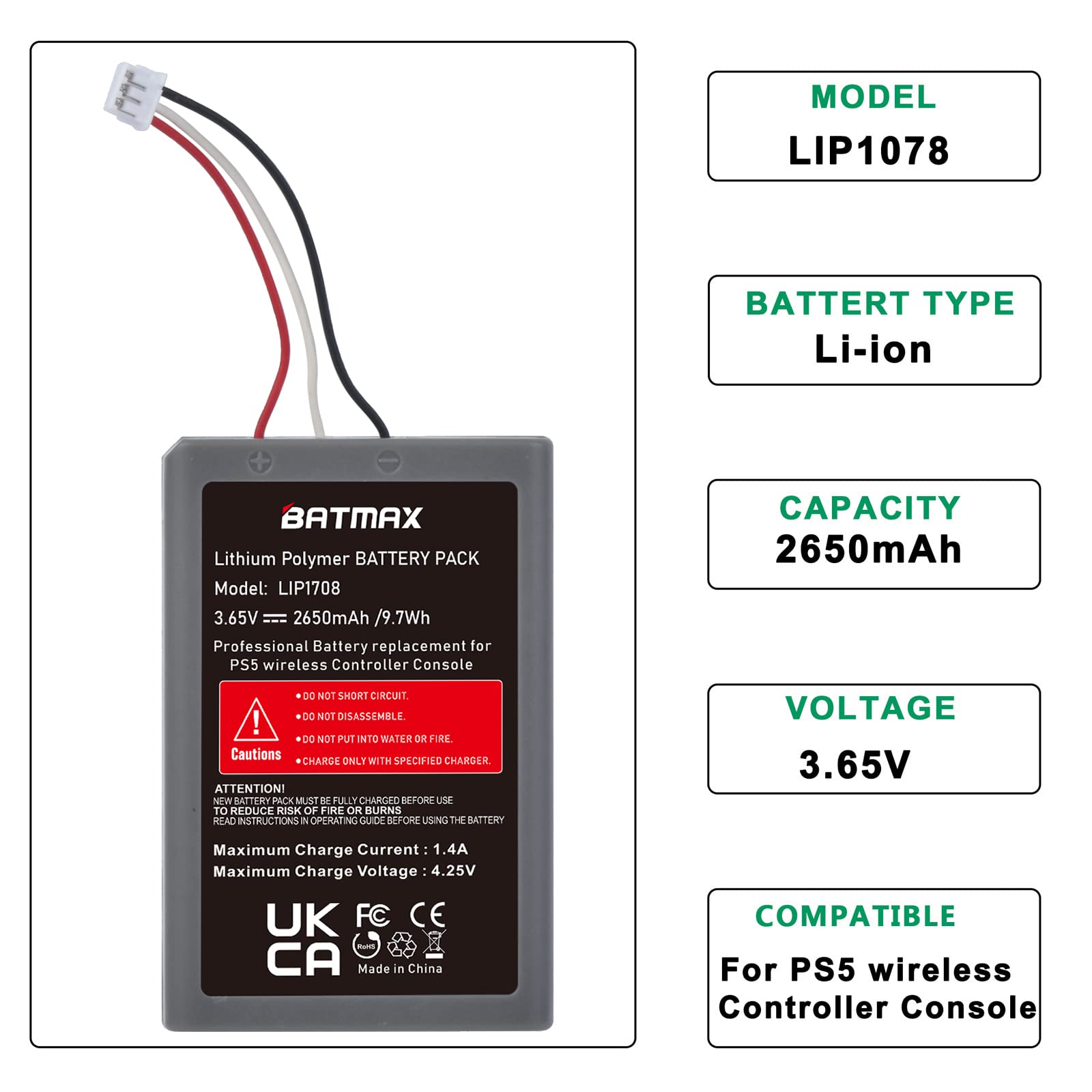 Batmax LIP1708 2650mAh Battery for Sony PS5 Playstation 5 CFI-ZCT1W DualSense Controller Gamepad