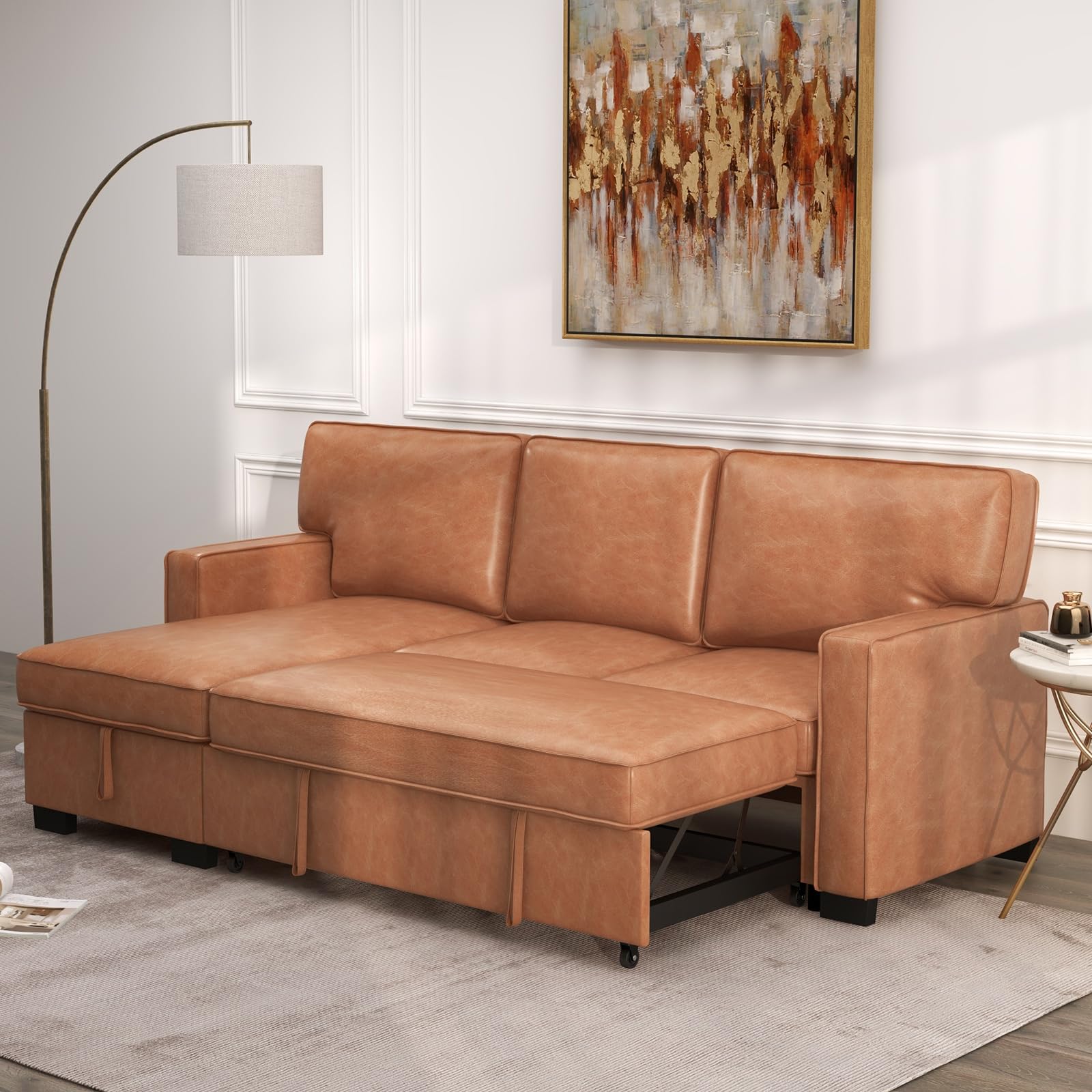 CANMOV Convertible Sleeper Sofa 3 in 1, Faux Leather Chaise Convertible Sofa Bed with Reversible Chaise L Shaped Sleeper Sofa with Storage, Couch Bed Sofa Pull Out Sofa Beds, Brown