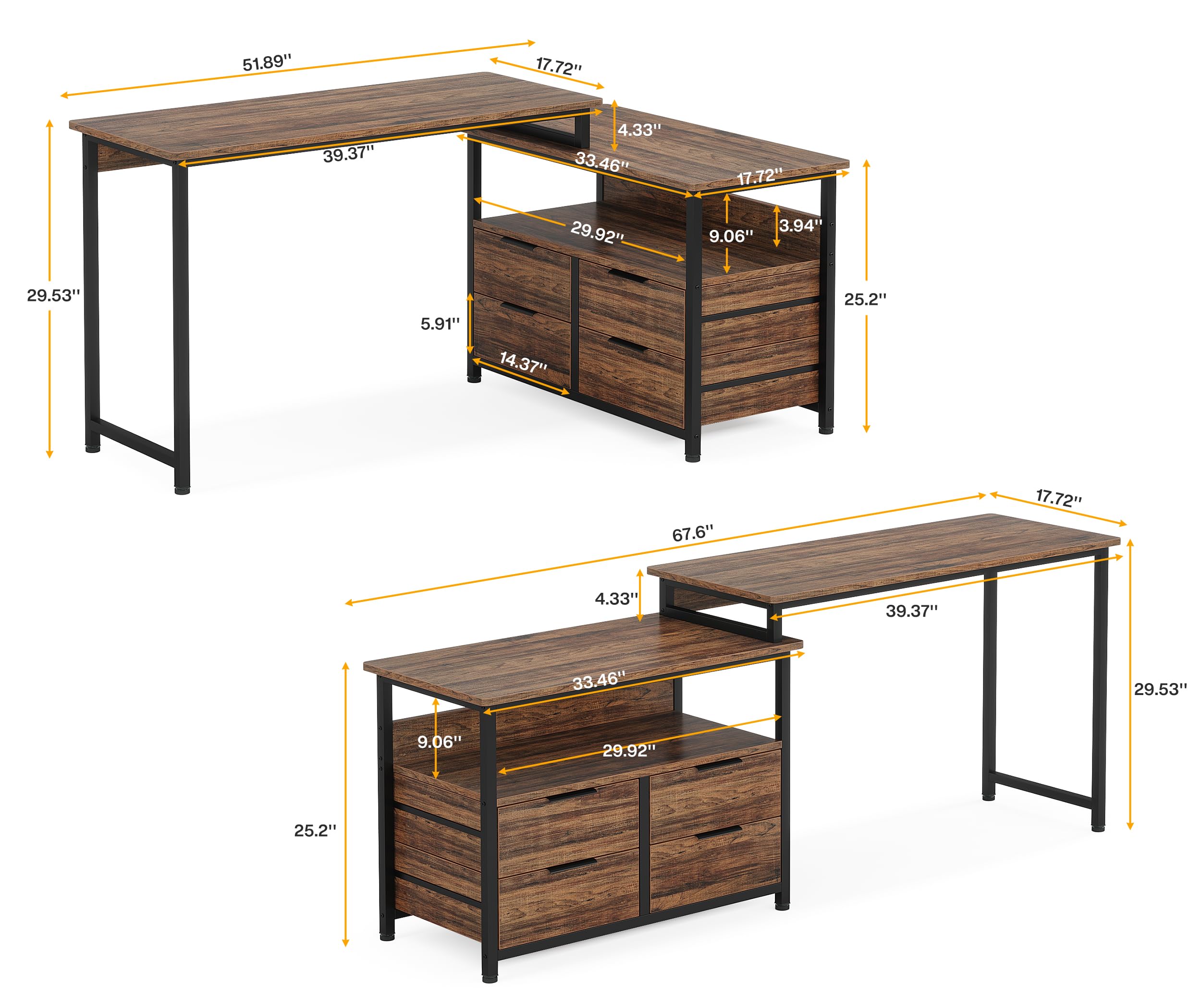 Tribesigns Reversible L-Shaped Desk with Drawers, Corner Home Office Desk with Storage Shelves, Industrial Writing Workstation Table for Home Office, Small Space (Rustic Brown)