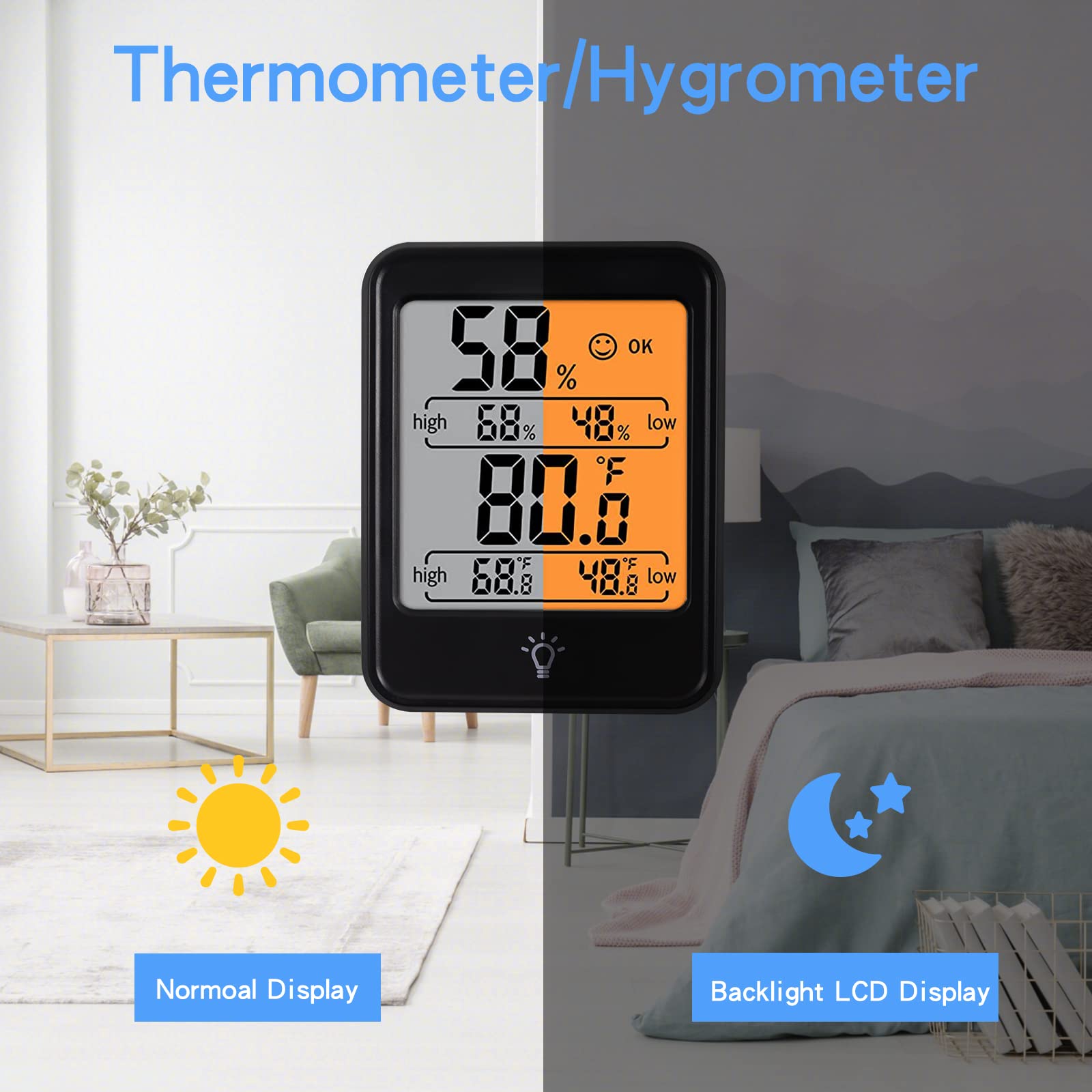 Indoor Thermometer Digital Hygrometer Room Thermometer Humidity Monitor with Backlight,Suitable for Bedroom,Baby,Flower Room,Wine Cellar,Laboratory,Battery Included (2, Black and White)