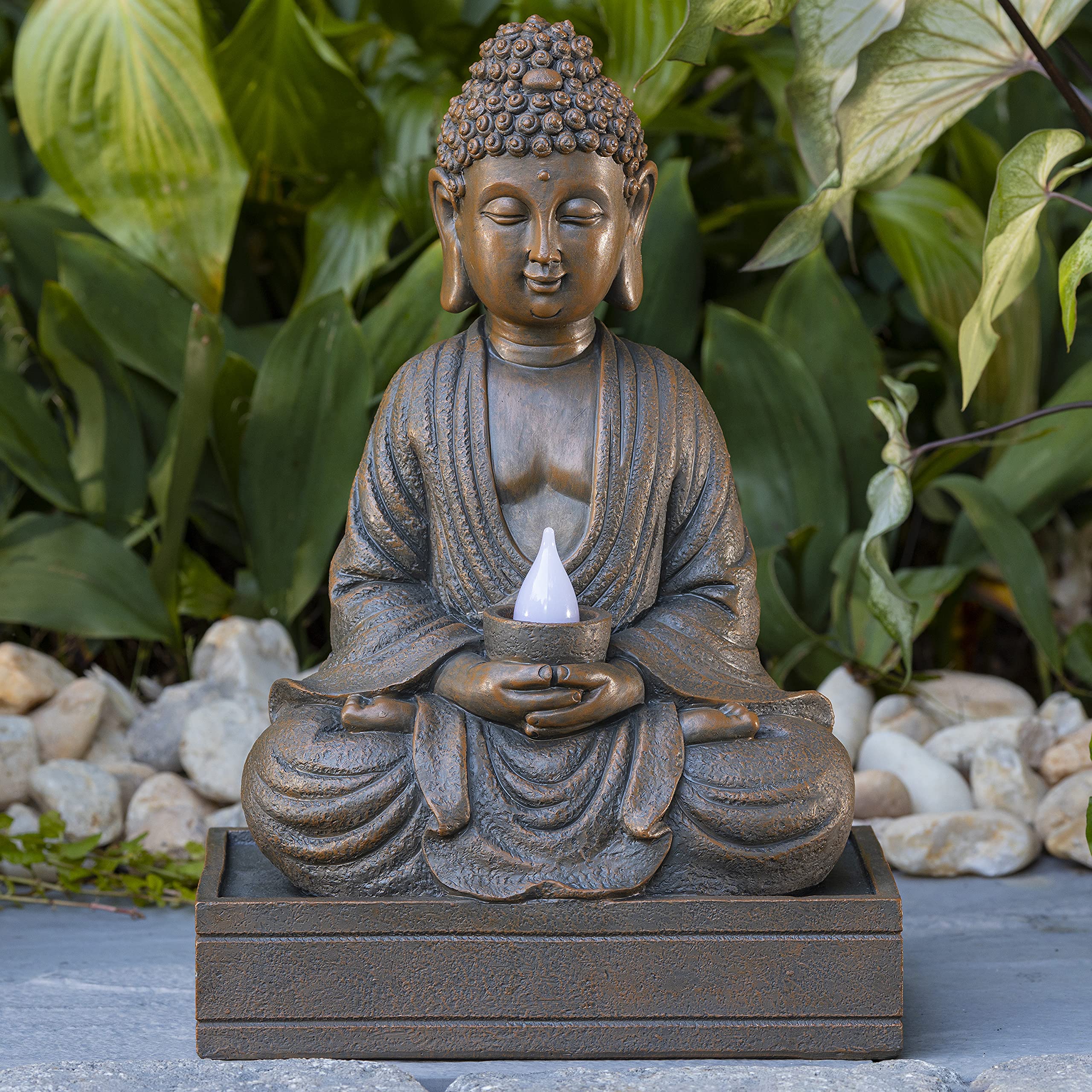 VP Home Tranquil Pagoda & Glowing Serenity Meditative Buddha Solar Powered Flickering LED Outdoor Decor Garden Light