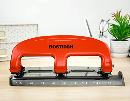 Bostitch Office Three Hole Punch Ez Squeeze Hole Puncher 20 Sheet Standard - Metal Construction - Red